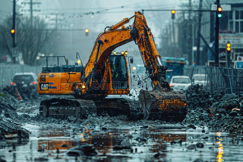 Excavator Operating in Urban Construction Site during Rain. Generative ...