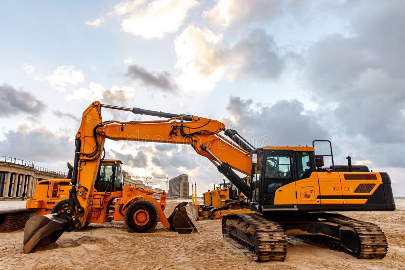 Excavator Prepares the Sea Beach for the Season. Stock Photo - Image of ...