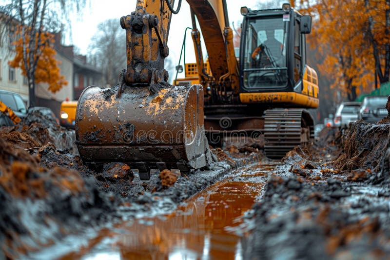 Excavator Preparing Foundation at Construction Site, Panoramic View of ...