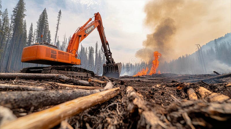 Excavator Clearing Debris in Forest Fire Aftermath with Smoke Rising ...
