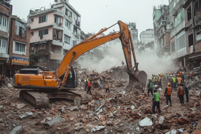 Excavator Removing Rubble and Debris after Earthquake Disaster with ...