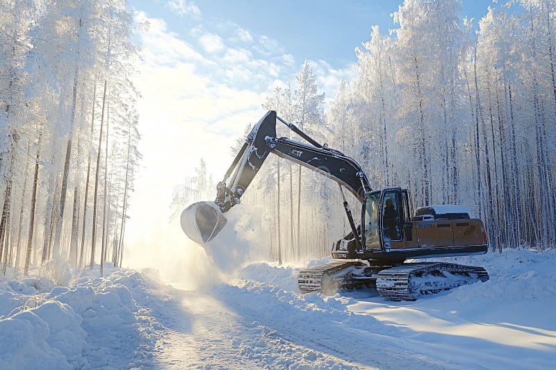Excavator Removing Snow on Forest Road in Winter Sunlight Stock Image ...