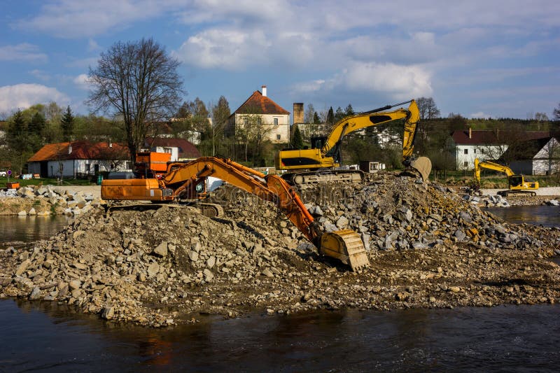 Excavator on the river stock image. Image of dredger - 90571175