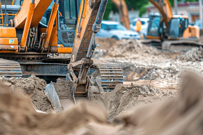 An Excavator in the Sand at a Construction Site Stock Illustration ...