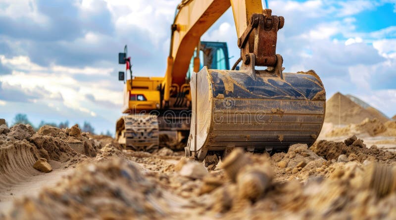 An Excavator in the Sand at a Construction Site Stock Illustration ...