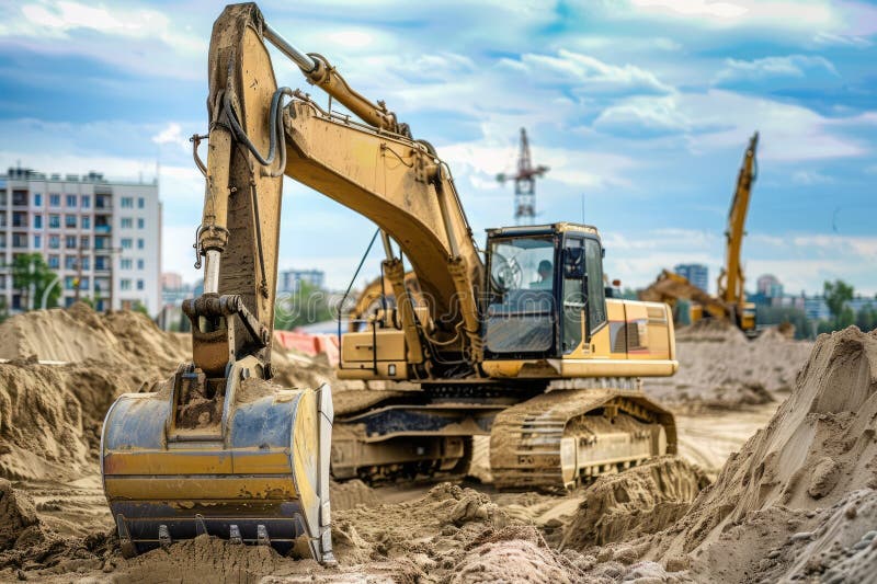 Excavator in the Sand at the Construction Site Stock Illustration ...