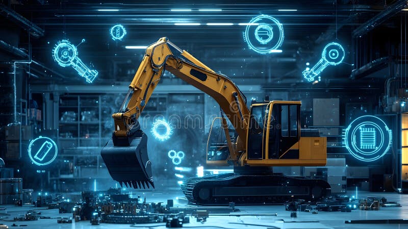 Excavator in Futuristic Robotic Workshop with Floating Mechanical Icons ...