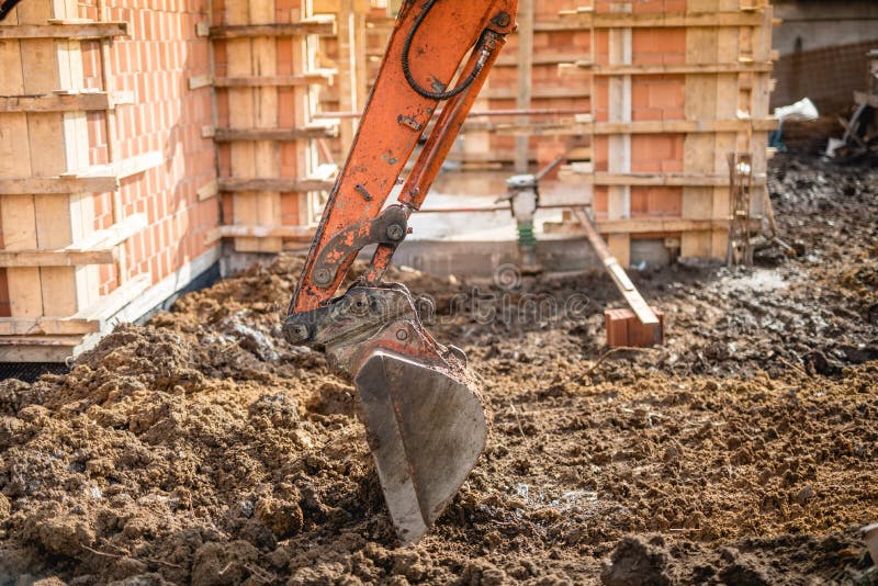 Excavator Scoop in Dirt, Working on Highway Construction and Building ...