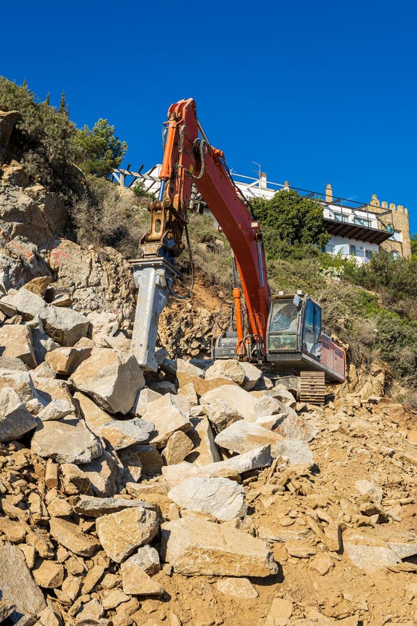 Excavator with Shovel Standing on Hill with Rocks Editorial Stock Image ...
