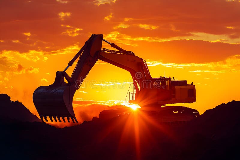Excavator Silhouette at Sunset with Glowing Sky Stock Illustration ...