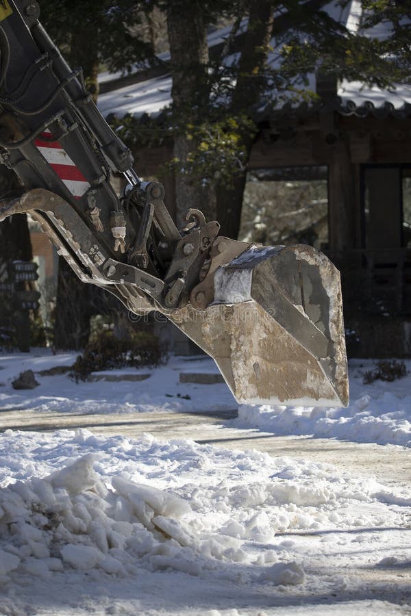 Excavator in Snow Loader Cleaning Road from Ice Stock Image - Image of ...
