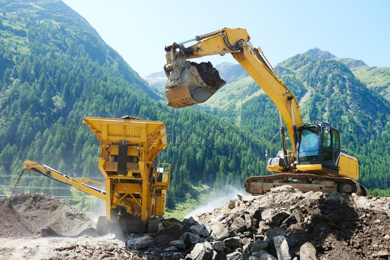 Excavator and Stone Crusher in a Quarry Stock Image - Image of earth ...
