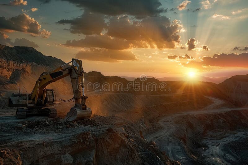 Excavator at Sunset in a Mining Quarry Stock Illustration ...