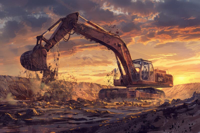 Excavator on Sunset. Open-pit Mining. Backhoe Dig Ground in Quarry ...