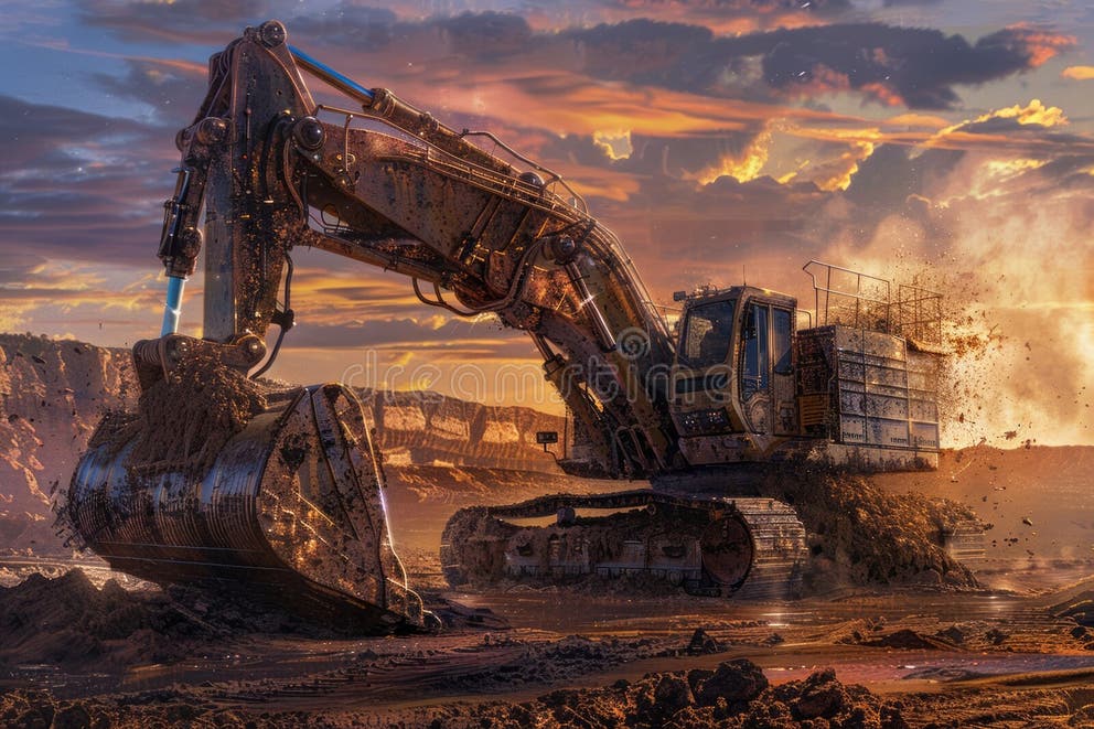 Excavator on Sunset. Open-pit Mining. Backhoe Dig Ground in Quarry ...