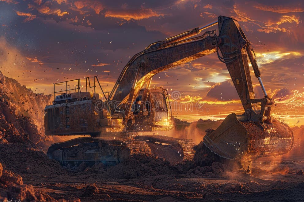 Excavator on Sunset. Open-pit Mining. Backhoe Dig Ground in Quarry ...