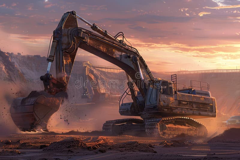 Excavator on Sunset. Open-pit Mining. Backhoe Dig Ground in Quarry ...