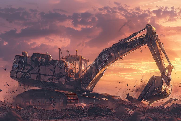 Excavator on Sunset. Open-pit Mining. Backhoe Dig Ground in Quarry ...