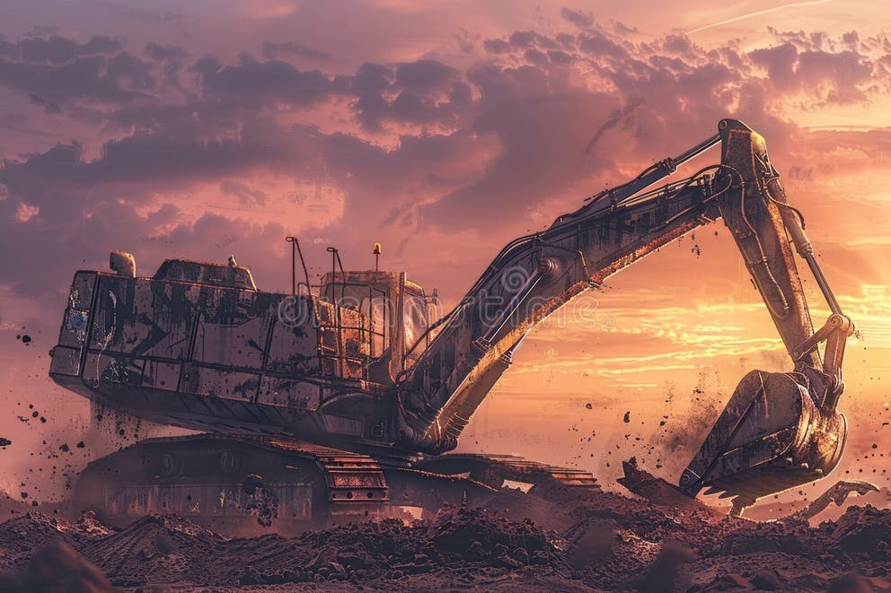 Excavator on Sunset. Open-pit Mining. Backhoe Dig Ground in Quarry ...