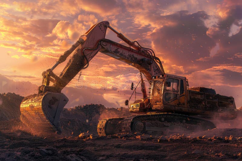 Excavator on Sunset. Open-pit Mining. Backhoe Dig Ground in Quarry ...