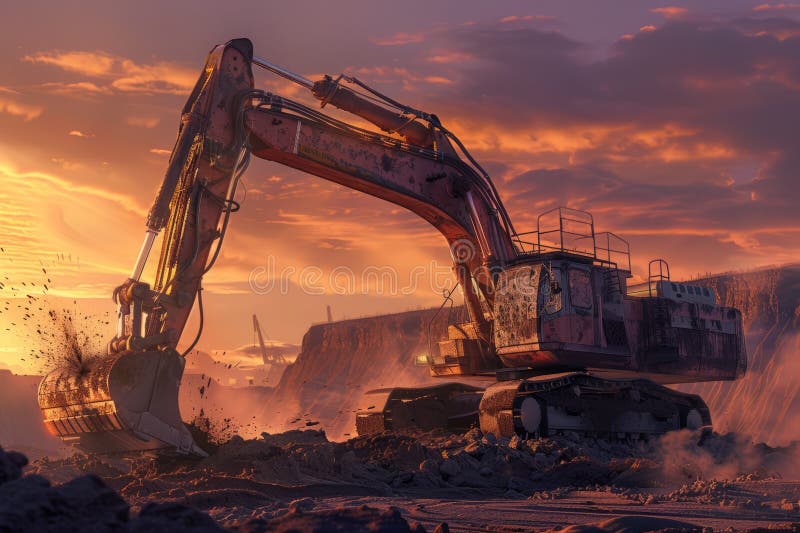 Excavator on Sunset. Open-pit Mining. Backhoe Dig Ground in Quarry ...