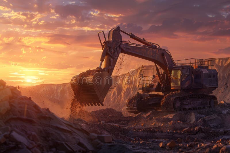 Excavator on Sunset. Open-pit Mining. Backhoe Dig Ground in Quarry ...