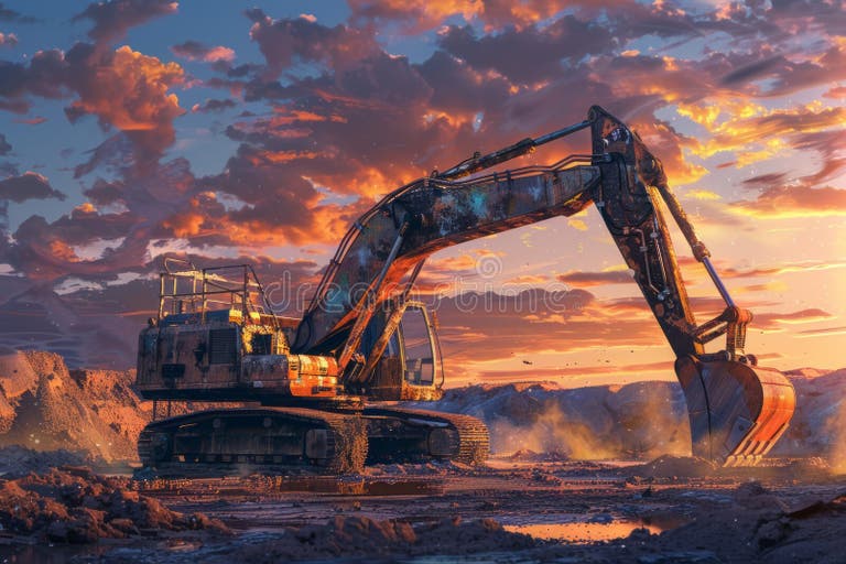 Excavator on Sunset. Open-pit Mining. Backhoe Dig Ground in Quarry ...