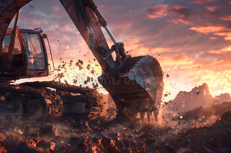 Excavator on Sunset. Open-pit Mining. Backhoe Dig Ground in Quarry ...
