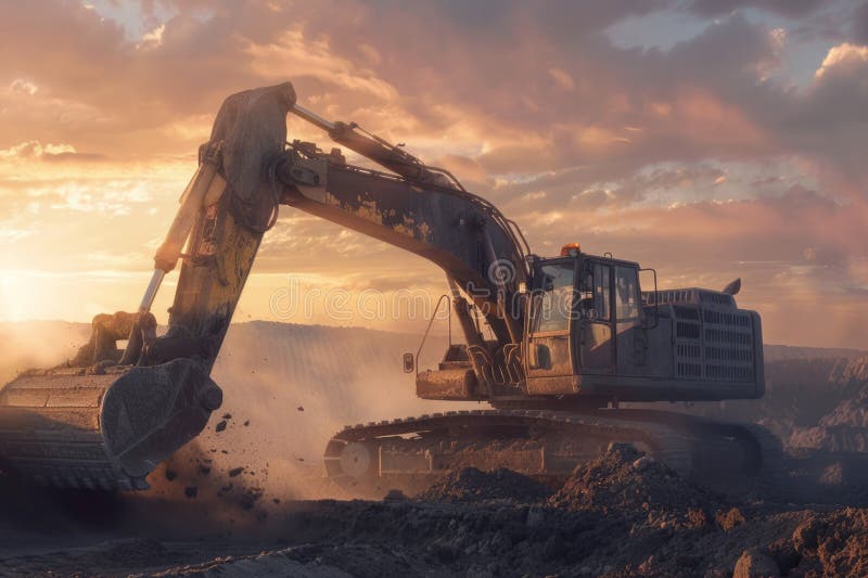 Excavator on Sunset. Open-pit Mining. Backhoe Dig Ground in Quarry ...