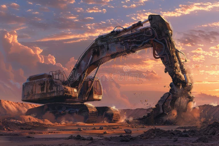 Excavator on Sunset. Open-pit Mining. Backhoe Dig Ground in Quarry ...