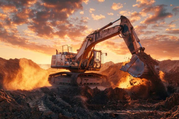 Excavator on Sunset. Open-pit Mining. Backhoe Dig Ground in Quarry ...