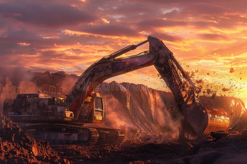 Excavator on Sunset. Open-pit Mining. Backhoe Dig Ground in Quarry ...