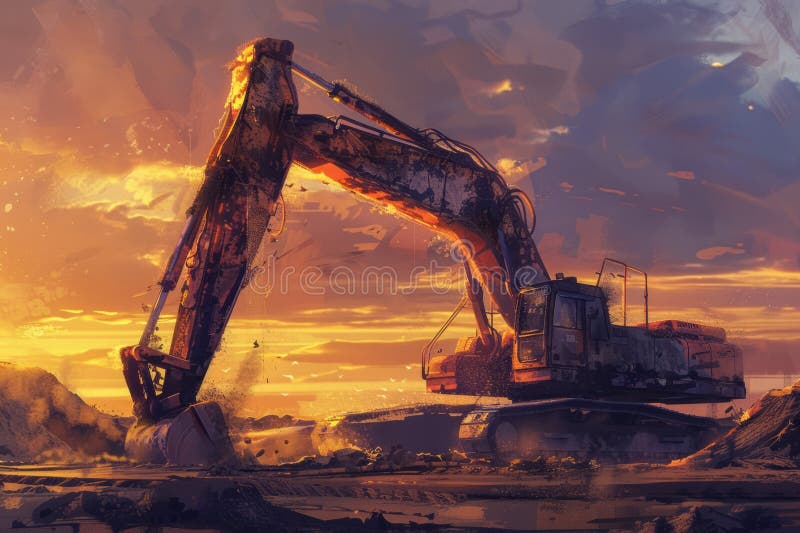 Excavator on Sunset. Open-pit Mining. Backhoe Dig Ground in Quarry ...