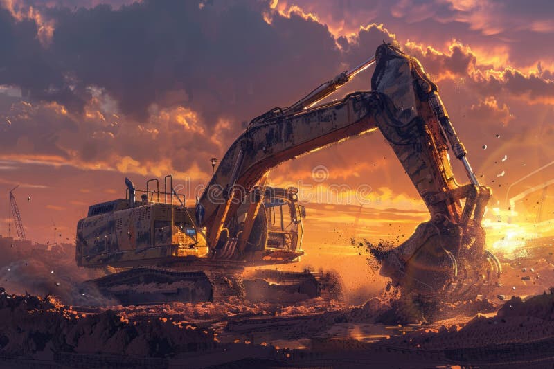 Excavator on Sunset. Open-pit Mining. Backhoe Dig Ground in Quarry ...