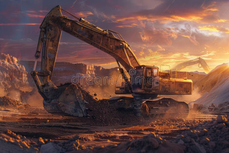 Excavator on Sunset. Open-pit Mining. Backhoe Dig Ground in Quarry ...