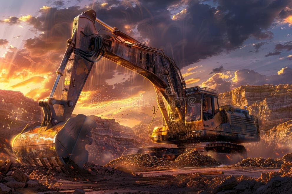 Excavator on Sunset. Open-pit Mining. Backhoe Dig Ground in Quarry ...