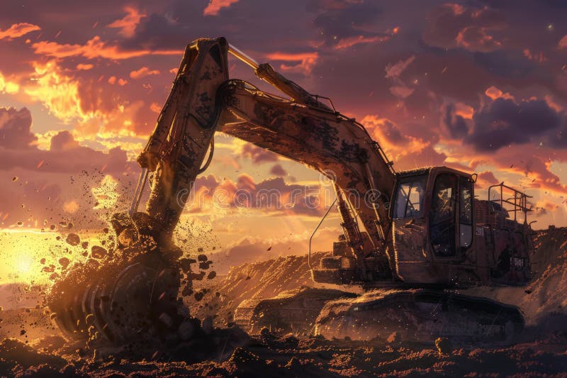 Excavator on Sunset. Open-pit Mining. Backhoe Dig Ground in Quarry ...