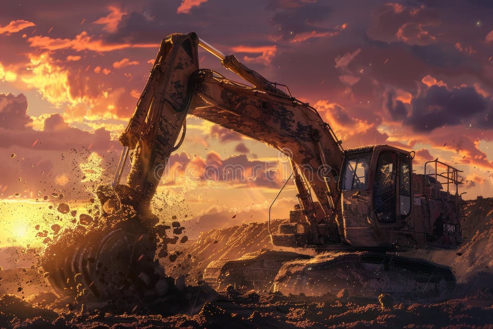 Excavator on Sunset. Open-pit Mining. Backhoe Dig Ground in Quarry ...