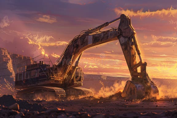 Excavator on Sunset. Open-pit Mining. Backhoe Dig Ground in Quarry ...