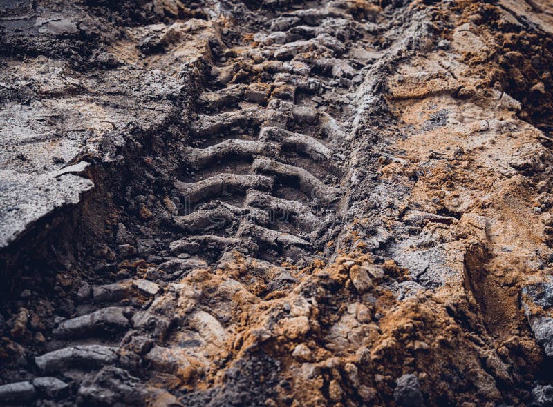 Excavator Tire Tracks Footprint on Construction Road Site Stock Image ...