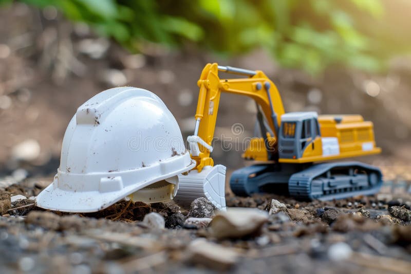 Excavator Toy with a Hard Hat Placed beside it Stock Image - Image of ...