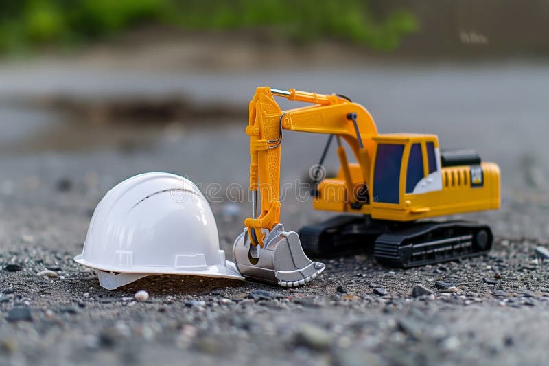 Excavator Toy with a Hard Hat Placed beside it Stock Photo - Image of ...