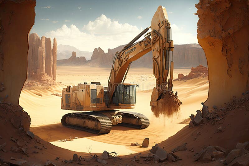 Excavator, with View of the Sprawling Desert Landscape, Digging for ...
