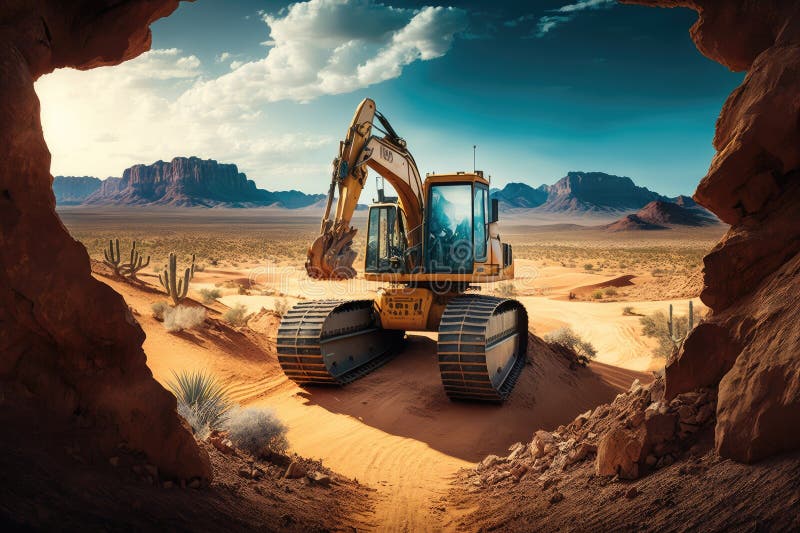 Excavator, with View of the Sprawling Desert Landscape, Digging for ...