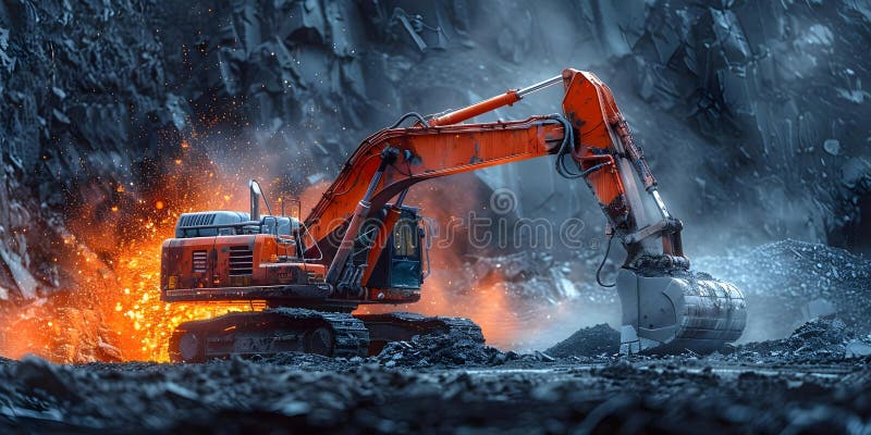Excavator at Work on Construction Site Digging Dirt. Concept ...