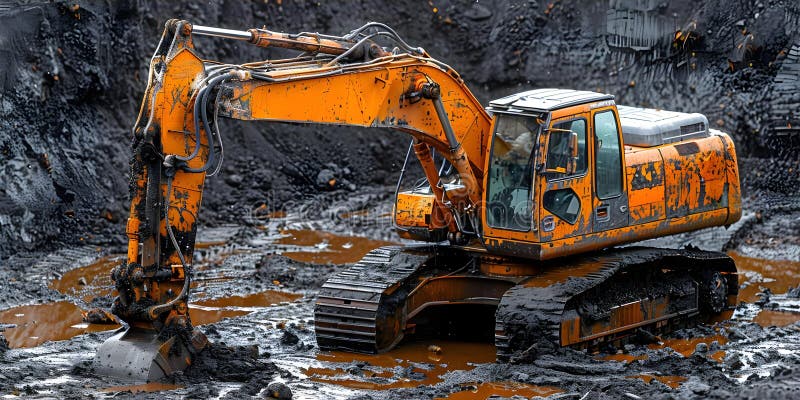 Excavator at Work on Construction Site Digging Soil. Concept ...