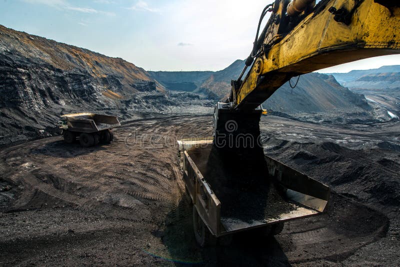 Excavator at Work in Open Pit Stock Photo - Image of outdoors, large ...