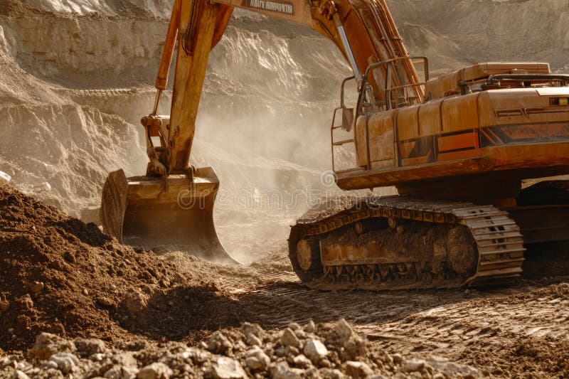 Excavator at Work Removing Soil on Construction Site with Powerful ...