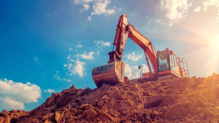 Excavator at Work Under the Open Sky, Digging Soil in Preparation for ...