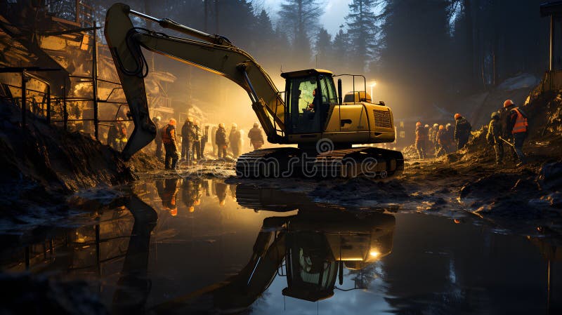 Excavator at Work, Workers Work on Wet Construction Site. Stock Photo ...